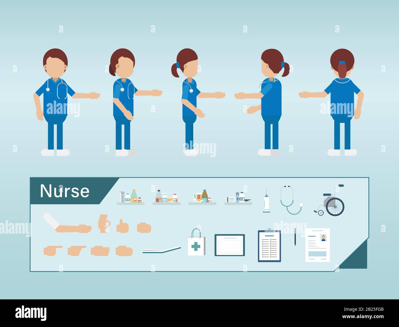 Set of female nurse characters wear blue uniform vector illustration ...