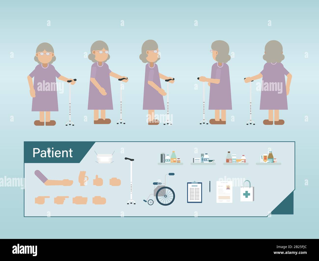 Set of senior patient characters hold walking stick vector illustration ...