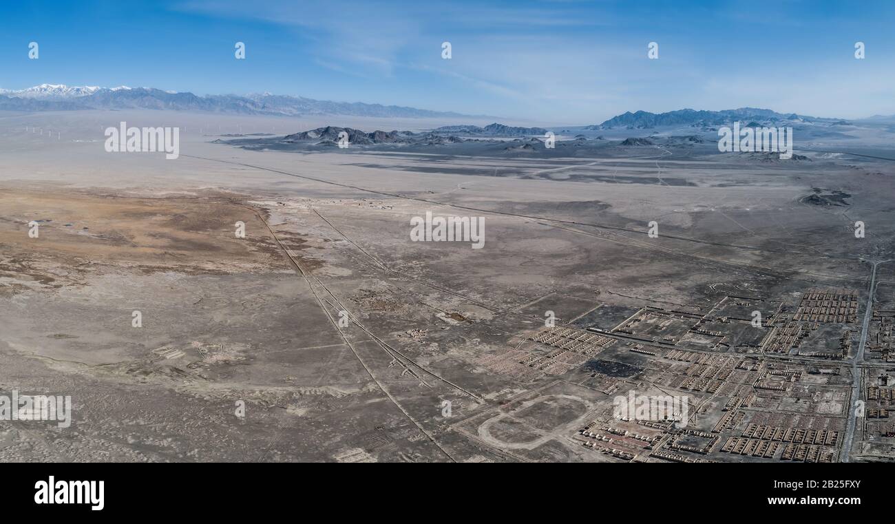aerial view of the ruins of the abandoned oil town, Lenghu, China Stock ...