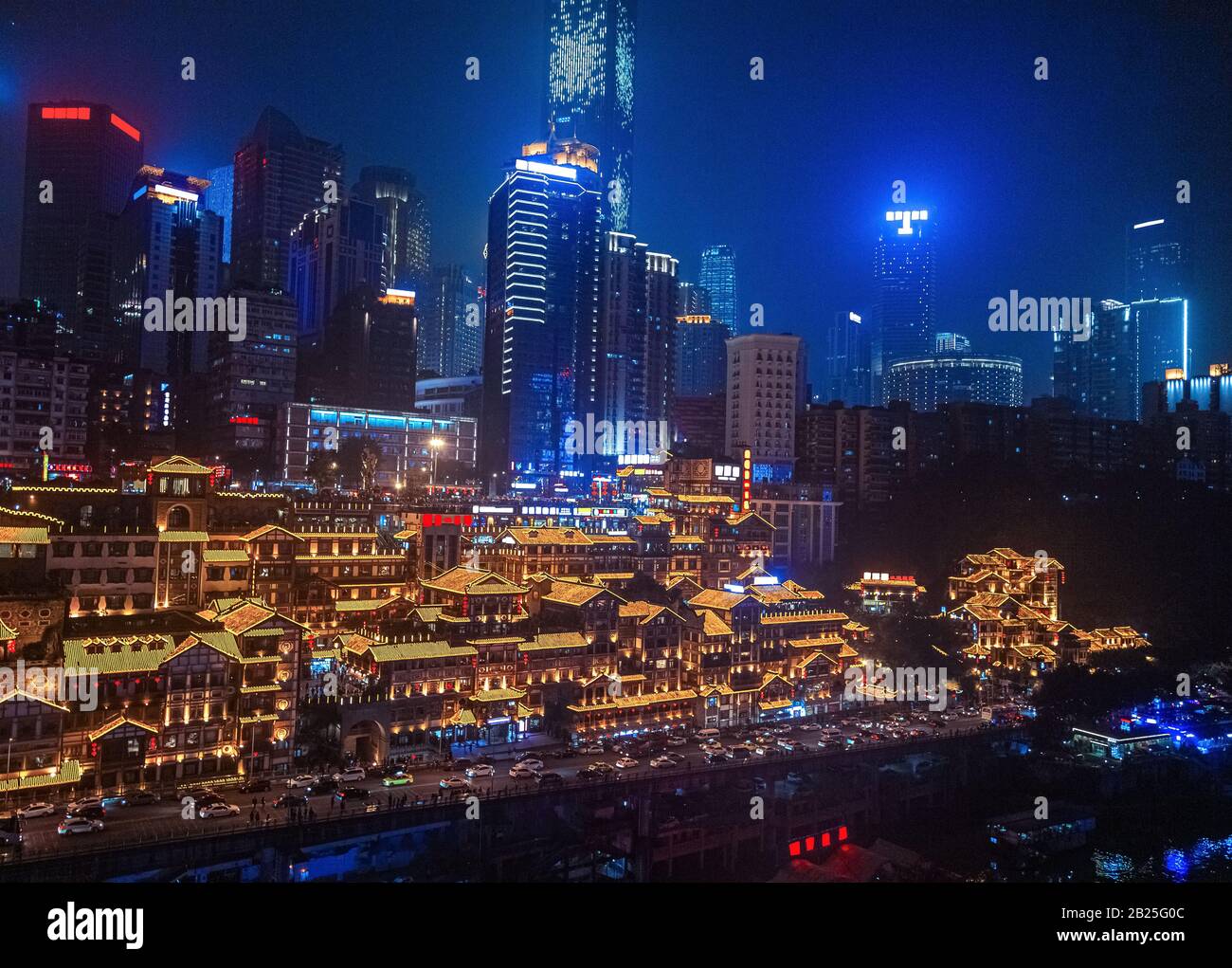 City night view of Chongqing, China. The scenery by the river. The ...