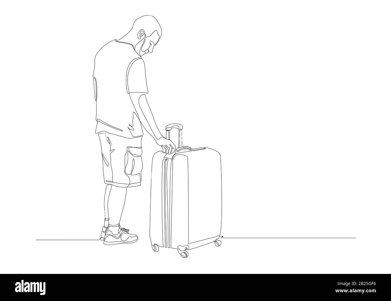 One continuous line drawing of standing traveler with baggage ...
