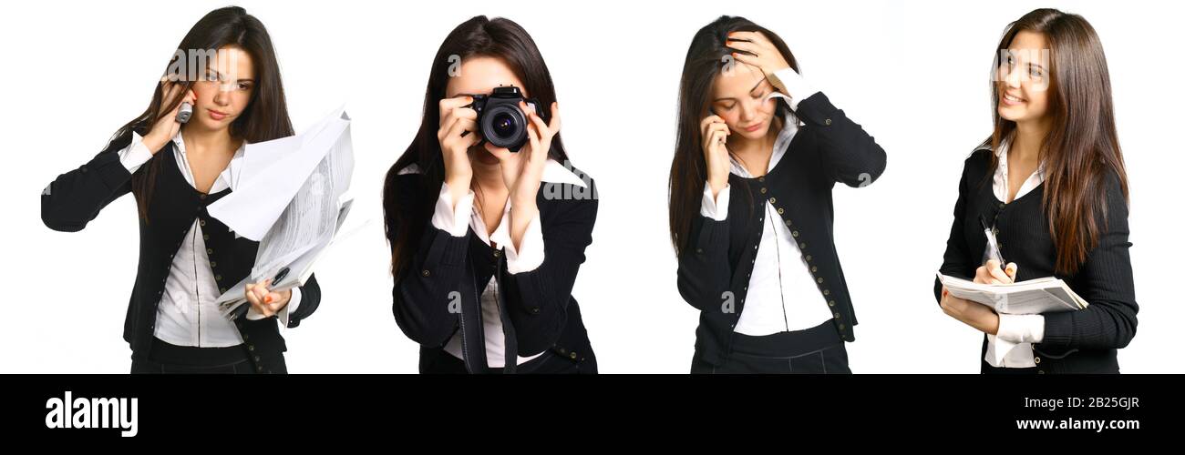 Set of young business woman working isolated on white background. Many ...