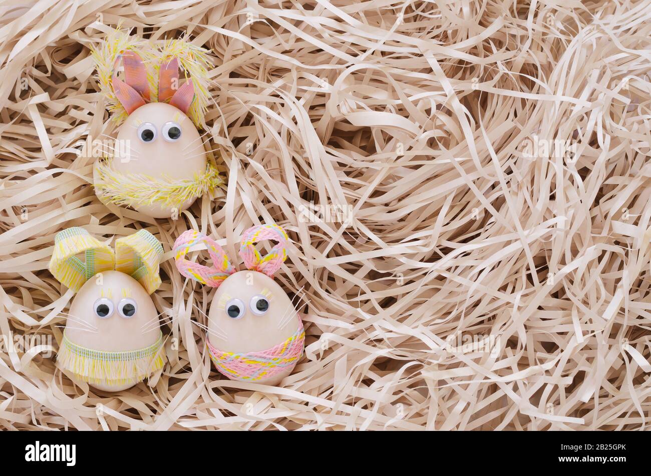 Easter eggs decorate as bunny dressing put on messy cutting paper nest ...