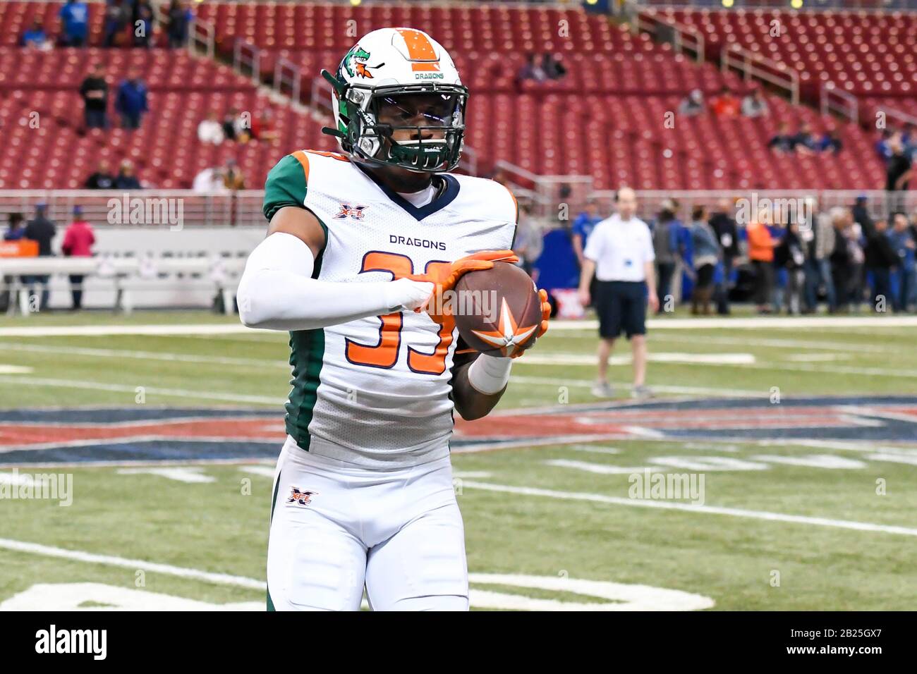 St. Louis, USA. 29th Feb, 2020. Seattle Dragons safety Jordan Martin ...