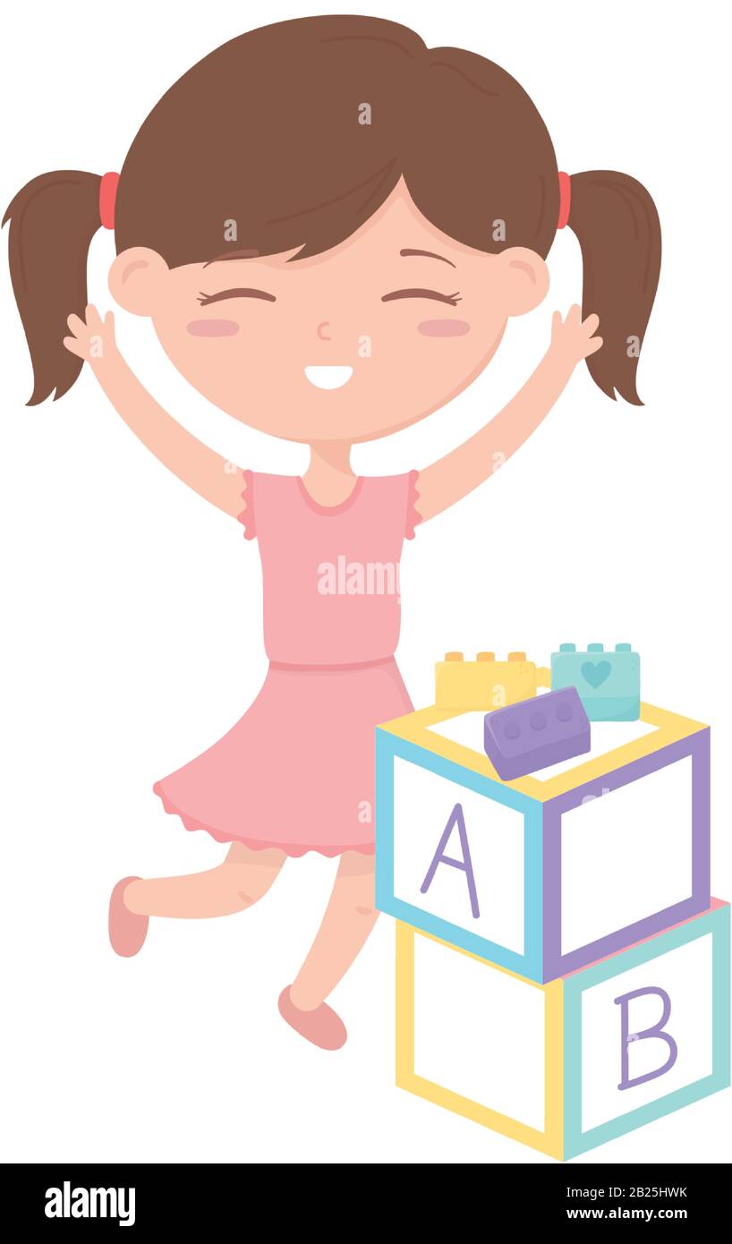 kids zone, cute little girl with alphabet blocks bricks toys vector ...