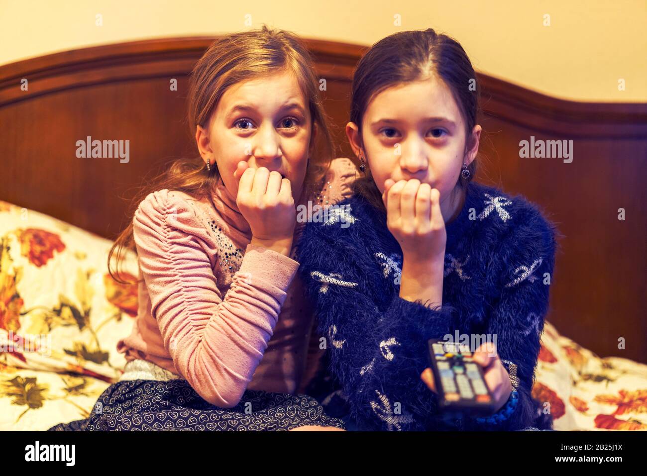 people, children, television, friends and friendship concept - two ...