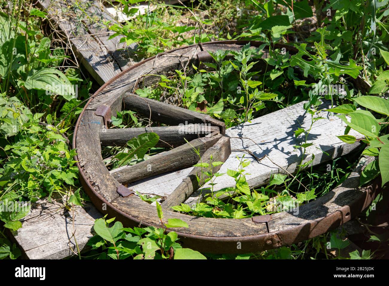 Broken vintage cart wheel, Romania. Wooden cart wheel with an iron rim ...