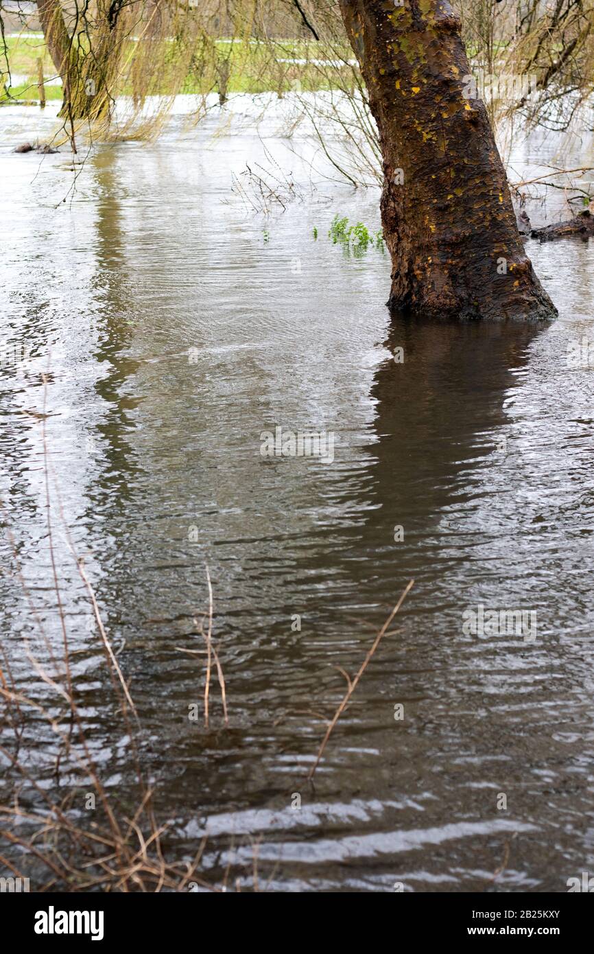 Flooded river after heavy storm rainfall flooding adjacent farmland ...