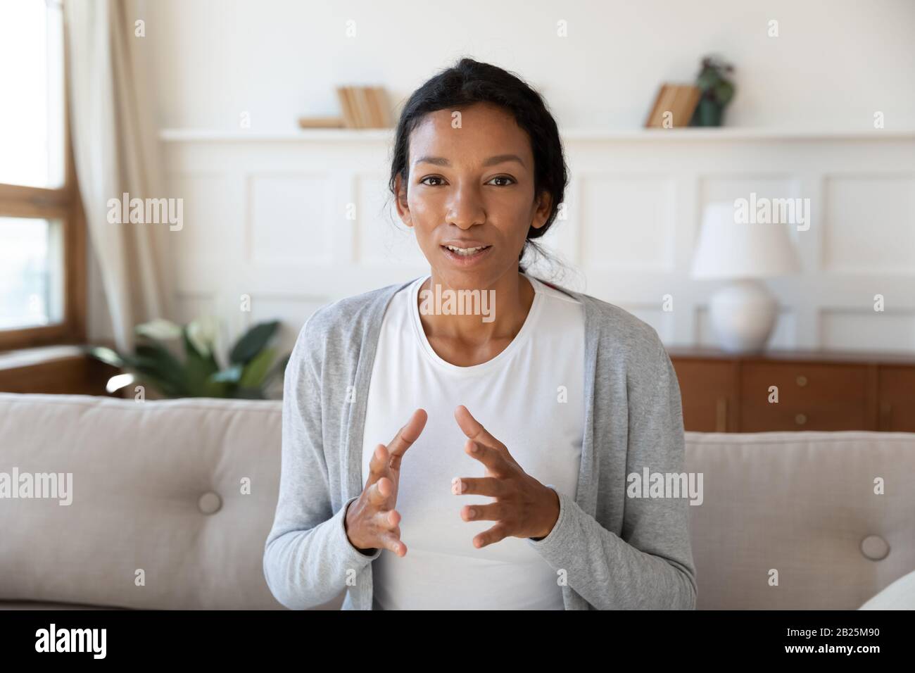 Headshot portrait talk on video call at home Stock Photo - Alamy