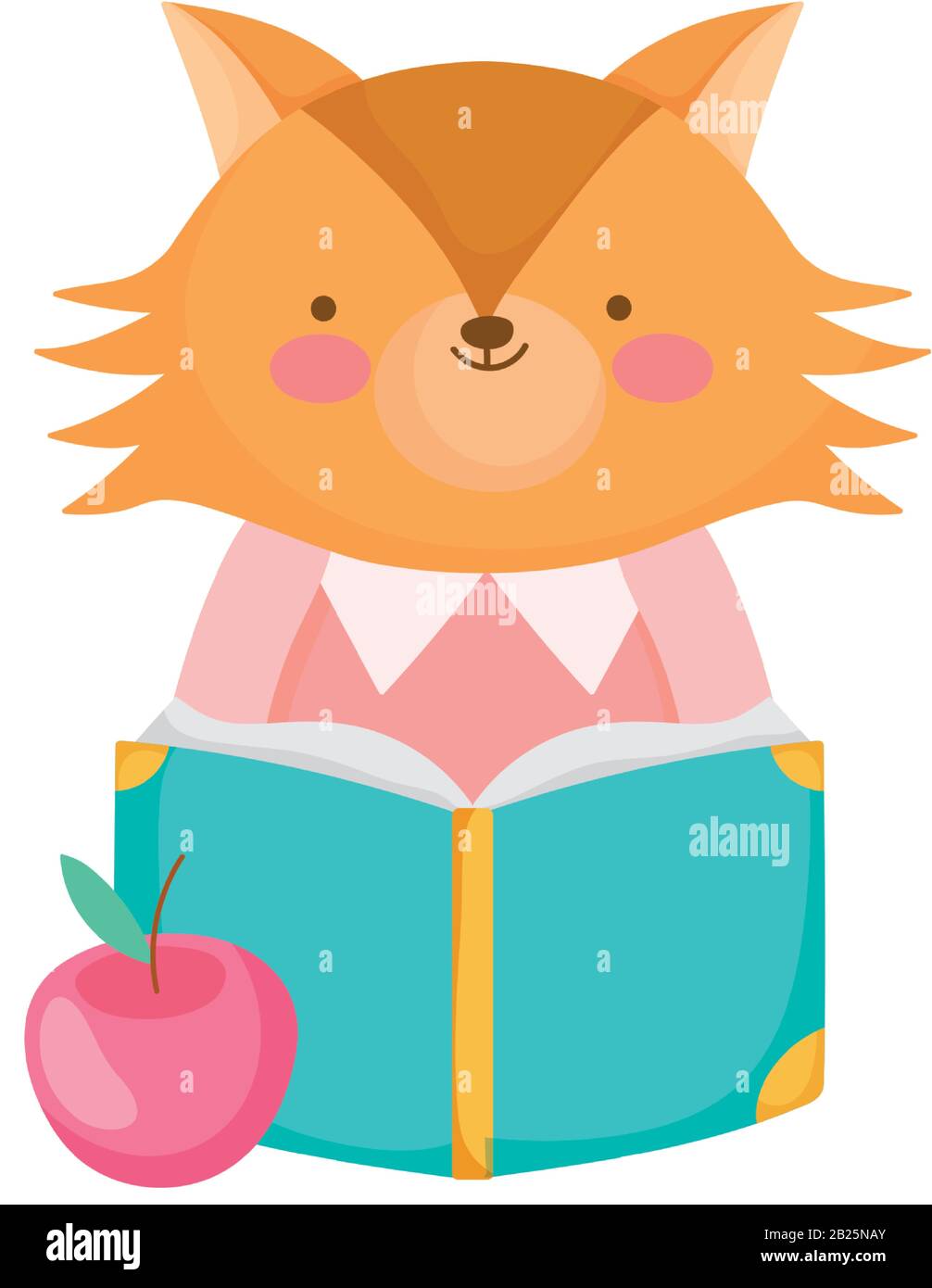 back to school, cute fox reading book with apple cartoon vector ...
