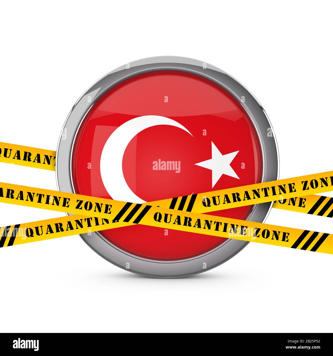 Turkey flag with yellow quarantine warning security tape. 3D Render ...