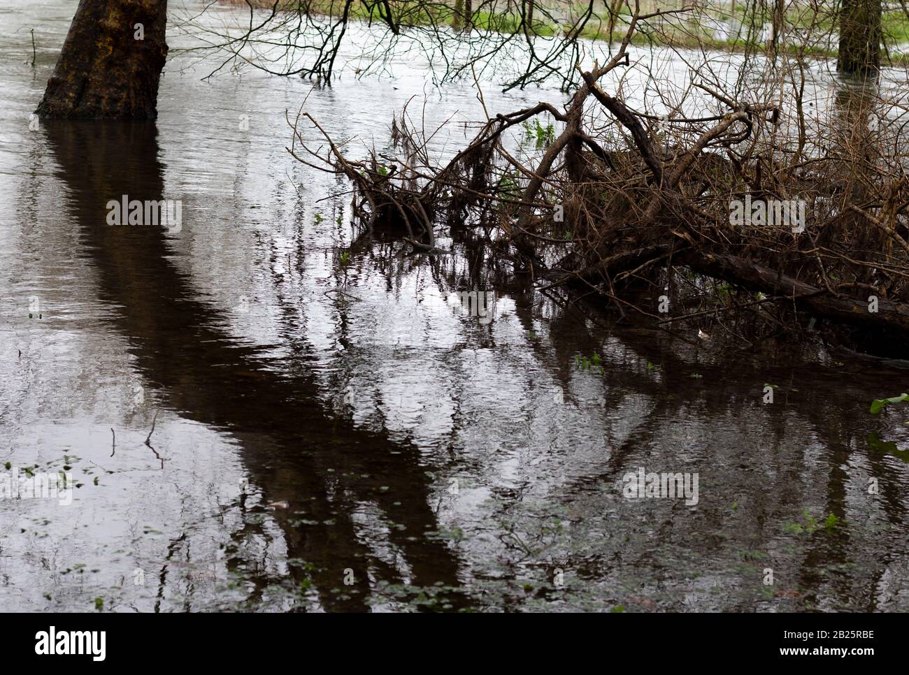 Flooded river after heavy storm rainfall flooding adjacent farmland ...