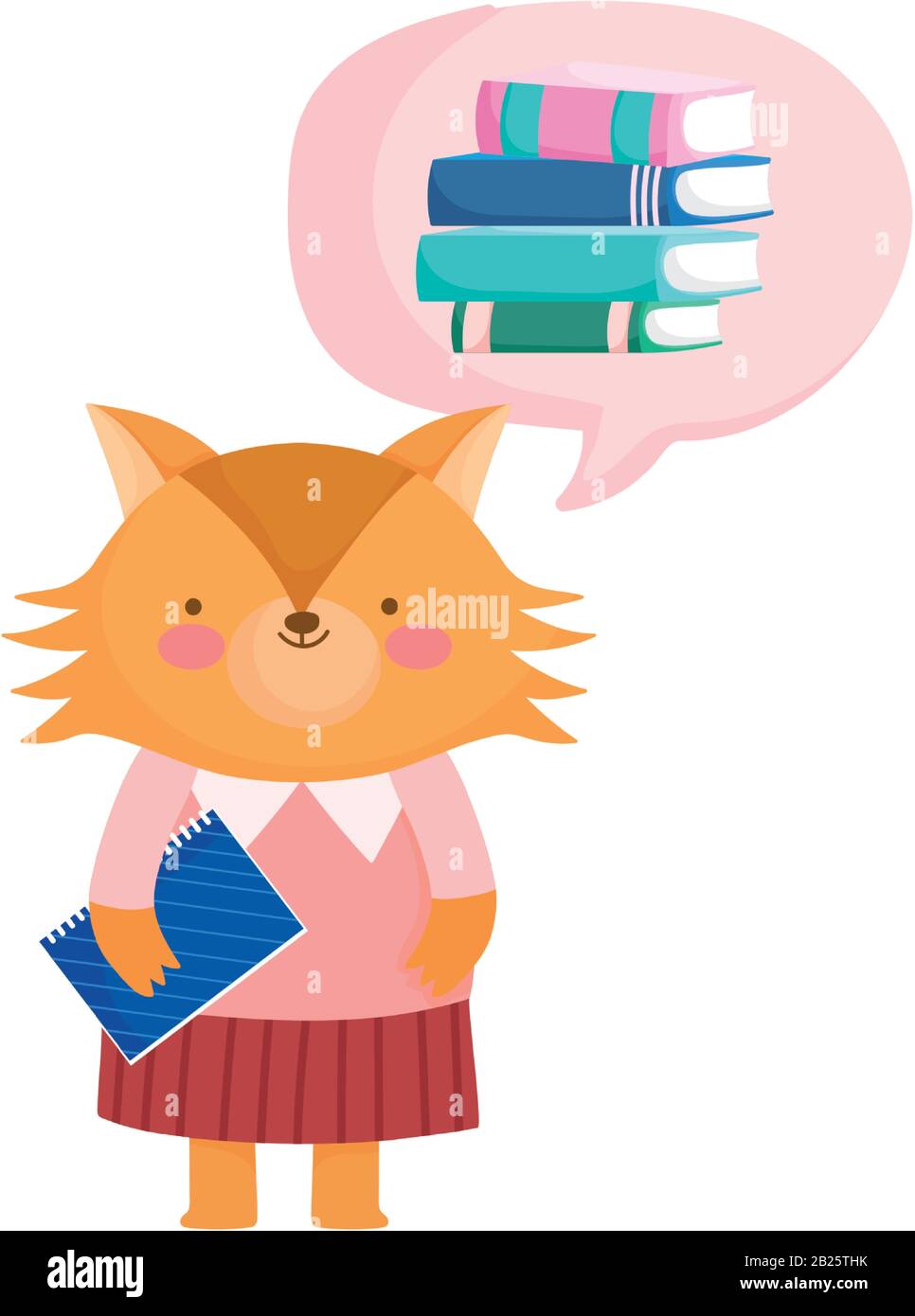 back to school, cute fox with notebook think books cartoon vector ...