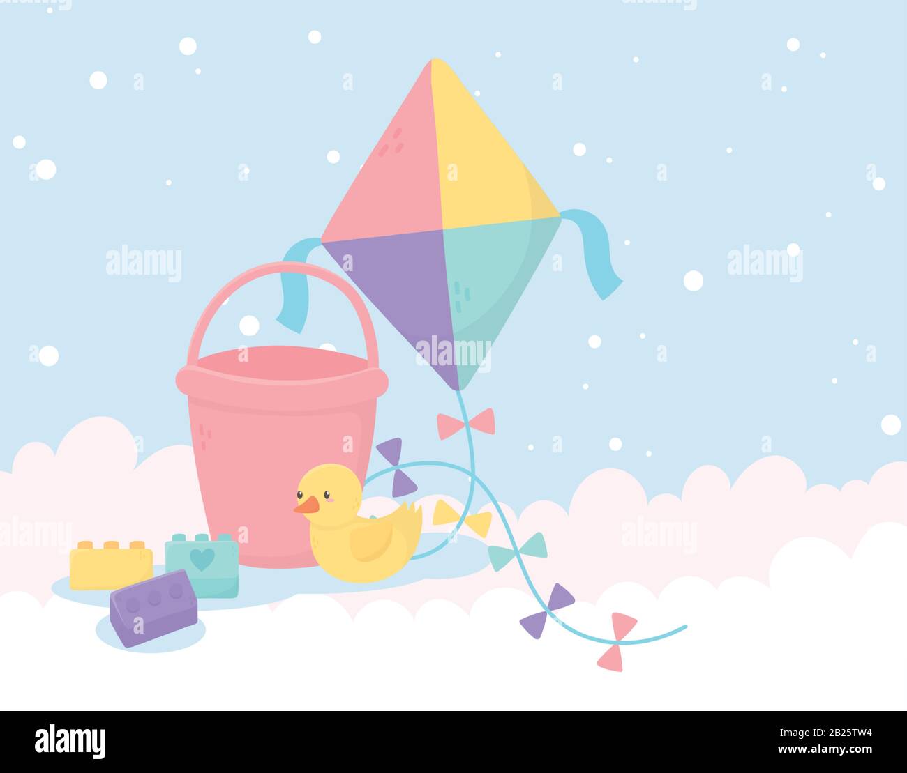 kids zone, toys kite bucket duck and blocks clouds sky background ...