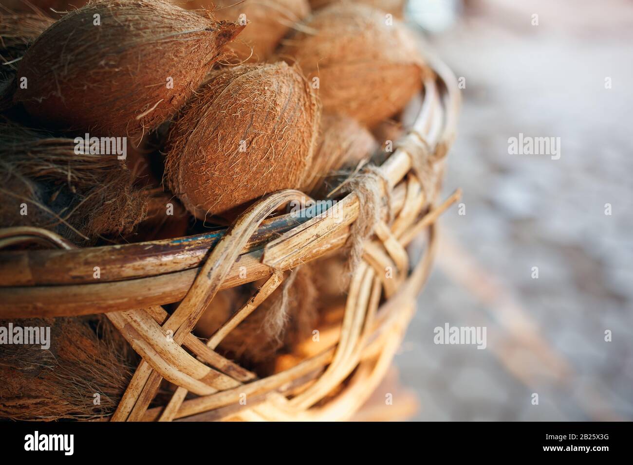 Coconuts in a wicker basket of brown color with fibers lit by sunlight ...