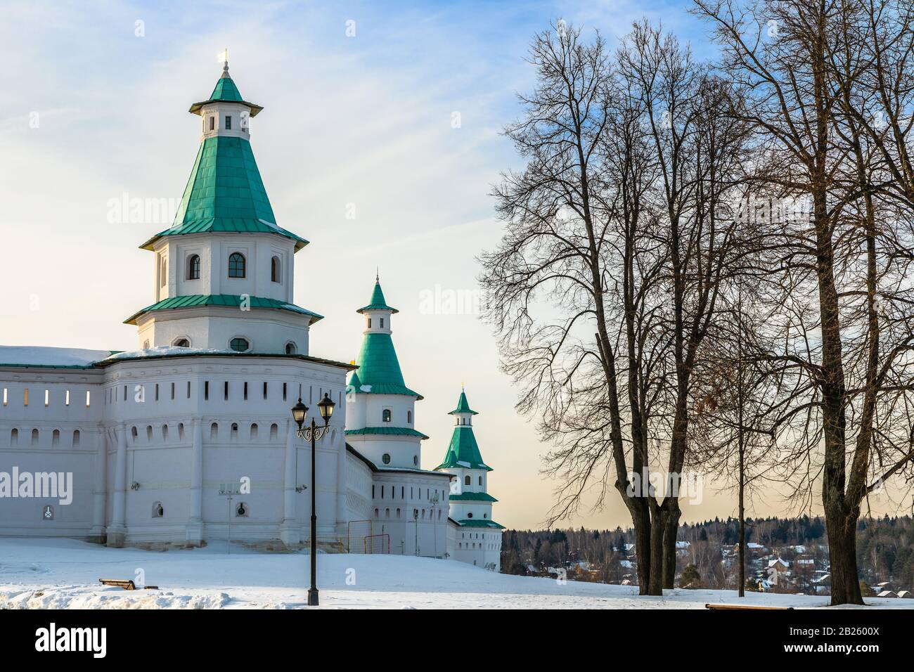 Snow and white towers with green roof of New Jerusalem Monastery ...
