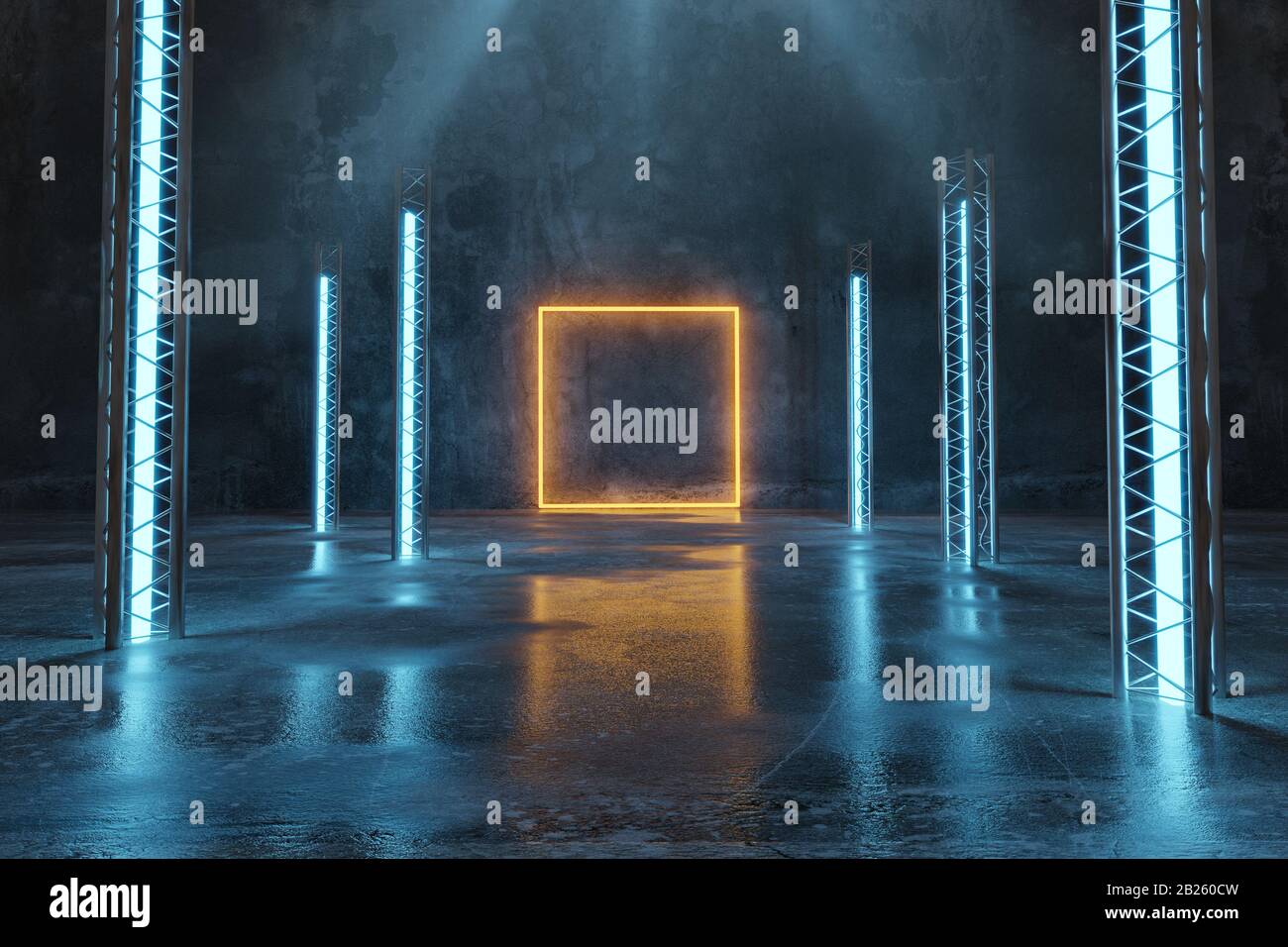 3d rendering of orange lighten square shape next to metal truss and ...