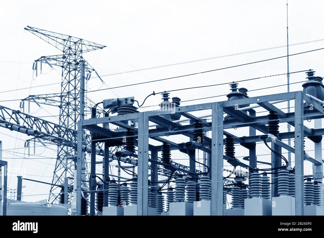 Substation equipment and lines and pylons Stock Photo - Alamy