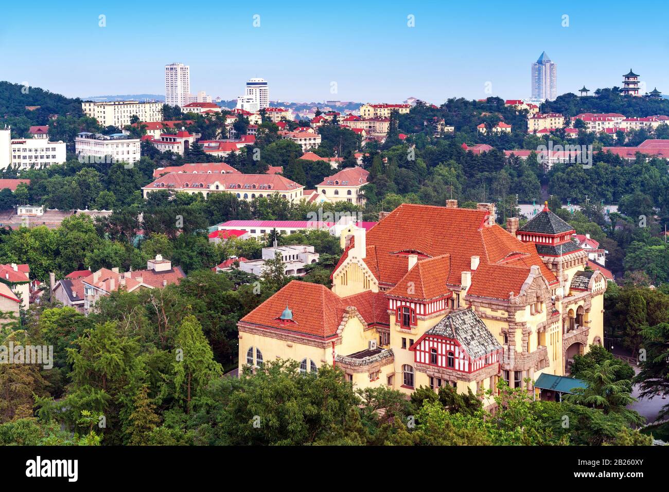 Bird's eye view of red roofs and cityscape, Qingdao, China Stock Photo ...
