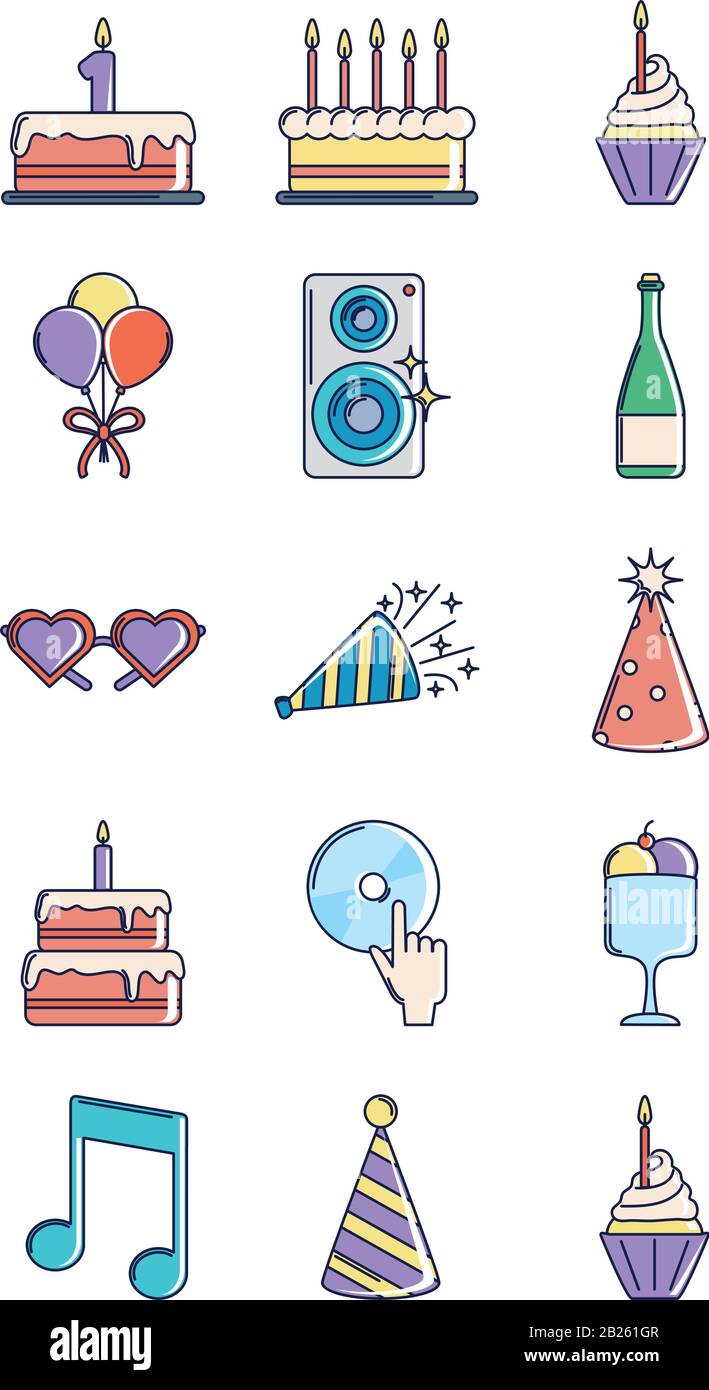 happy birthday, decoration event festive celebration party icon set ...