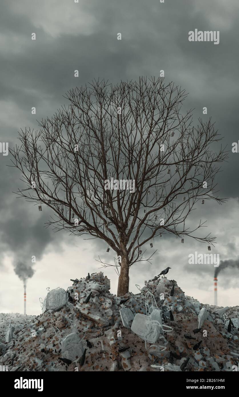 3d rendering of tree with hanging rusty tin cans growing up on rubbish ...