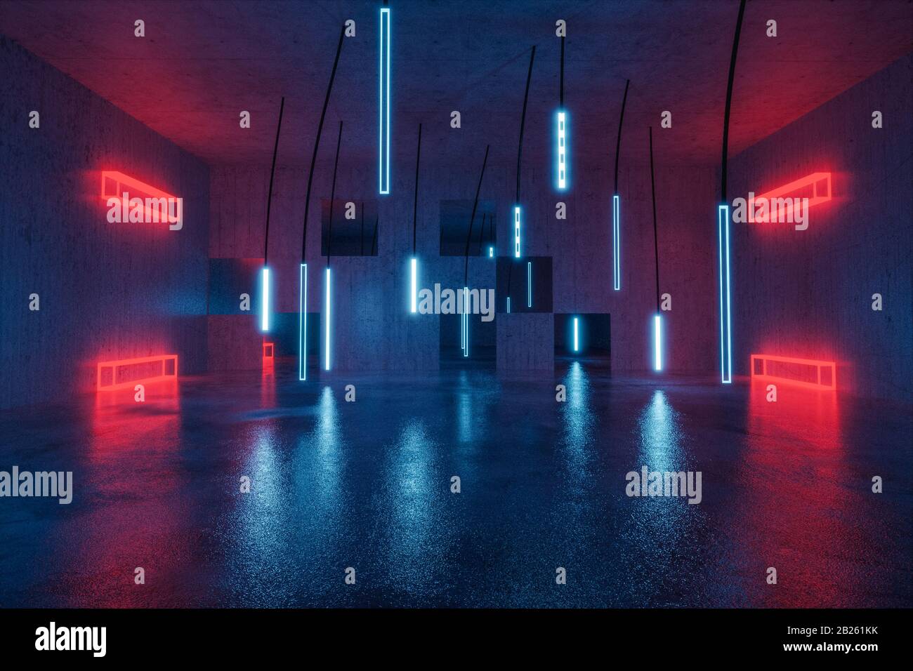 3d rendering of concrete background with illuminated hanging led panels ...