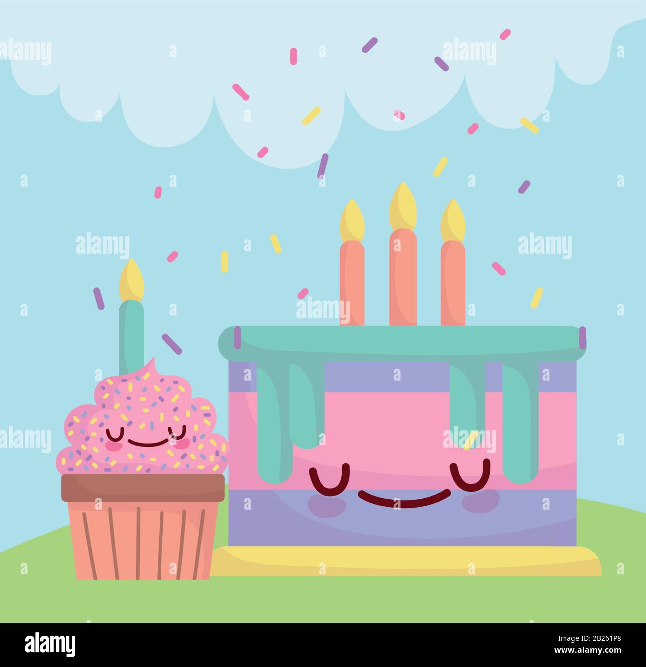 birthday cake and cupcake with candles menu character cartoon food cute ...