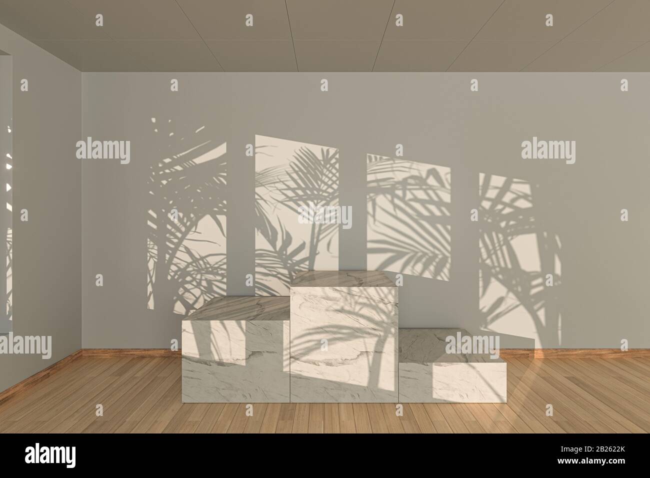Empty room and marble still life,wooden floor,3d rendering. Computer ...
