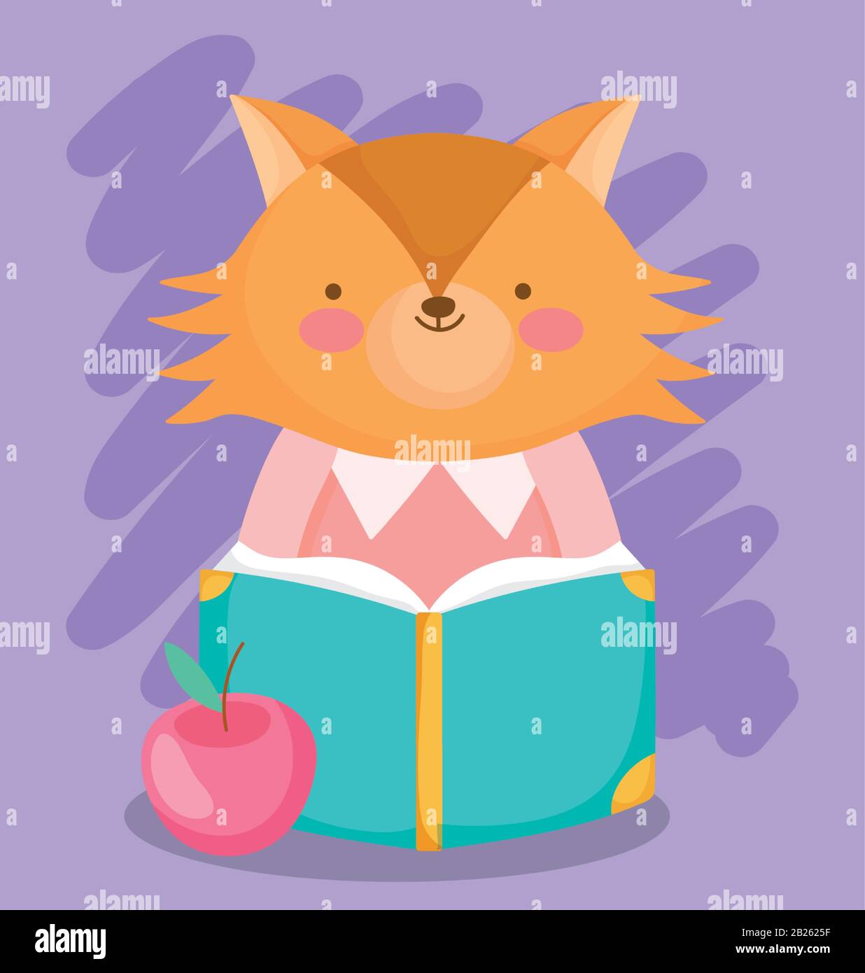 back to school, cute fox reading book with apple cartoon vector ...