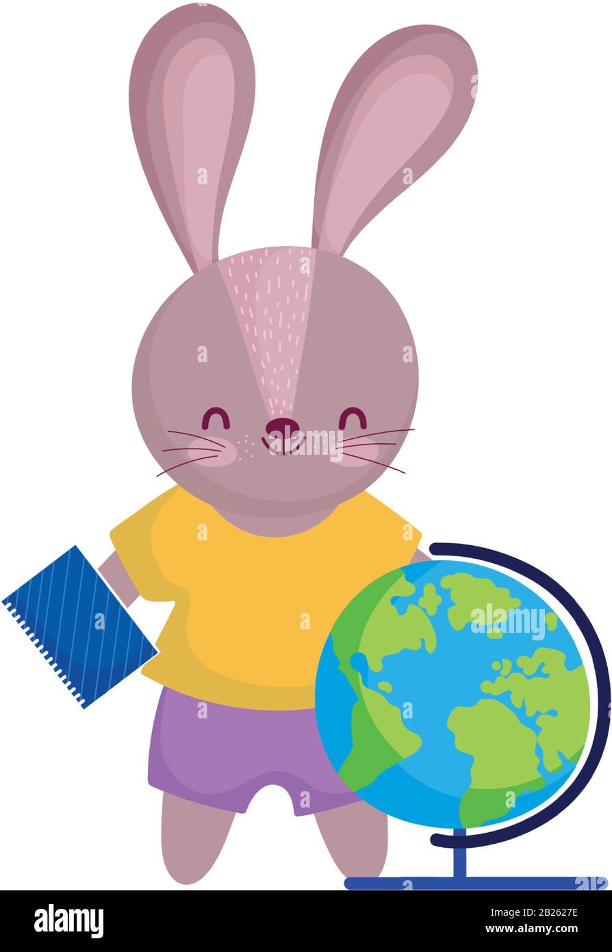 back to school, cute rabbit with globe map and notepad vector ...