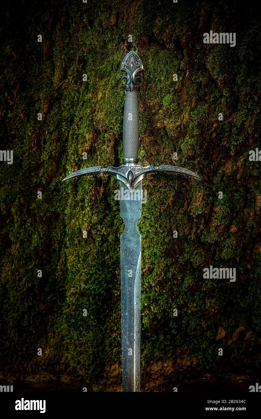 Magyc sword on moss background Stock Photo - Alamy