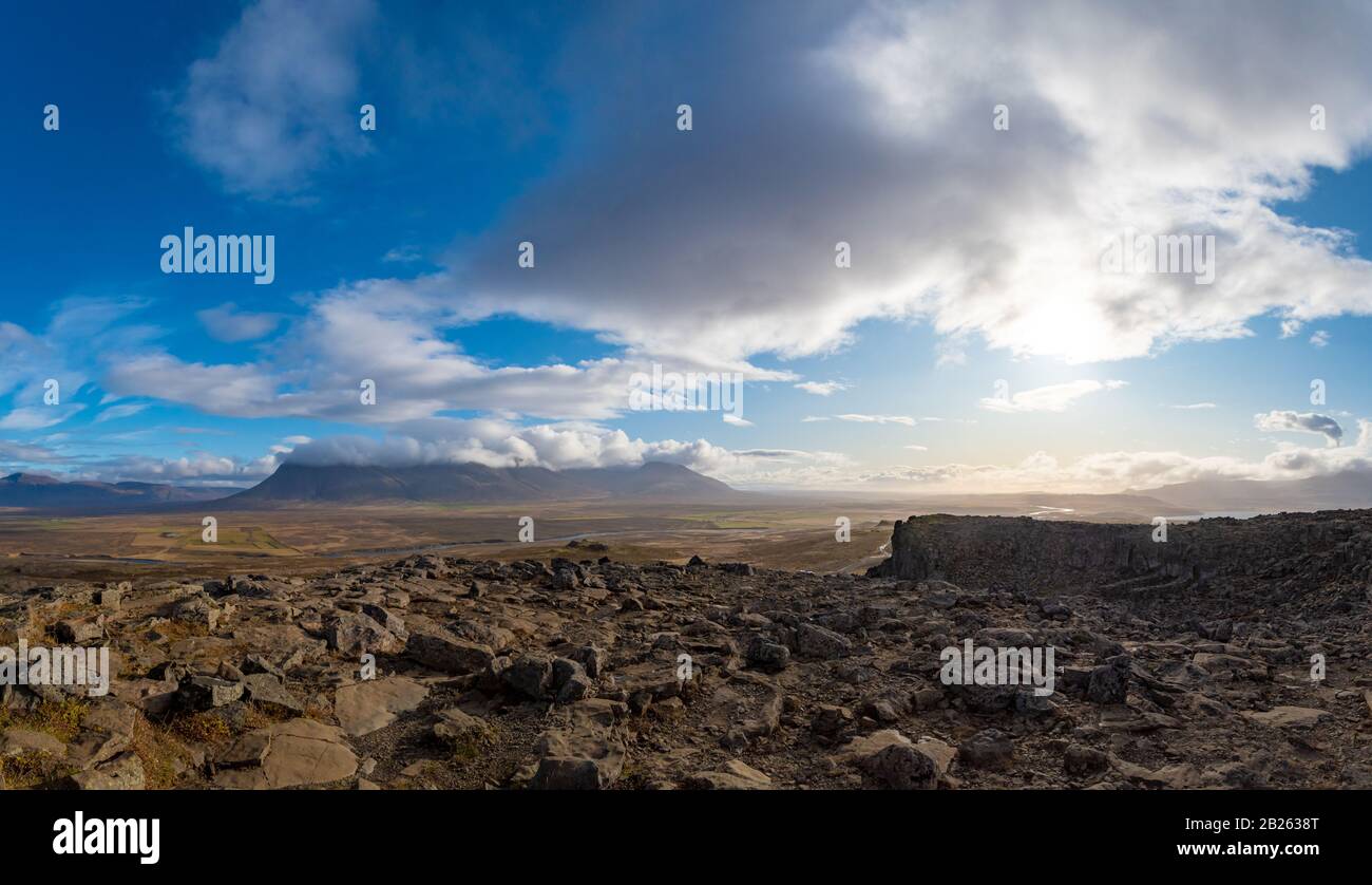 Borgarvirki castle in Iceland panorama from top over stone walls and ...