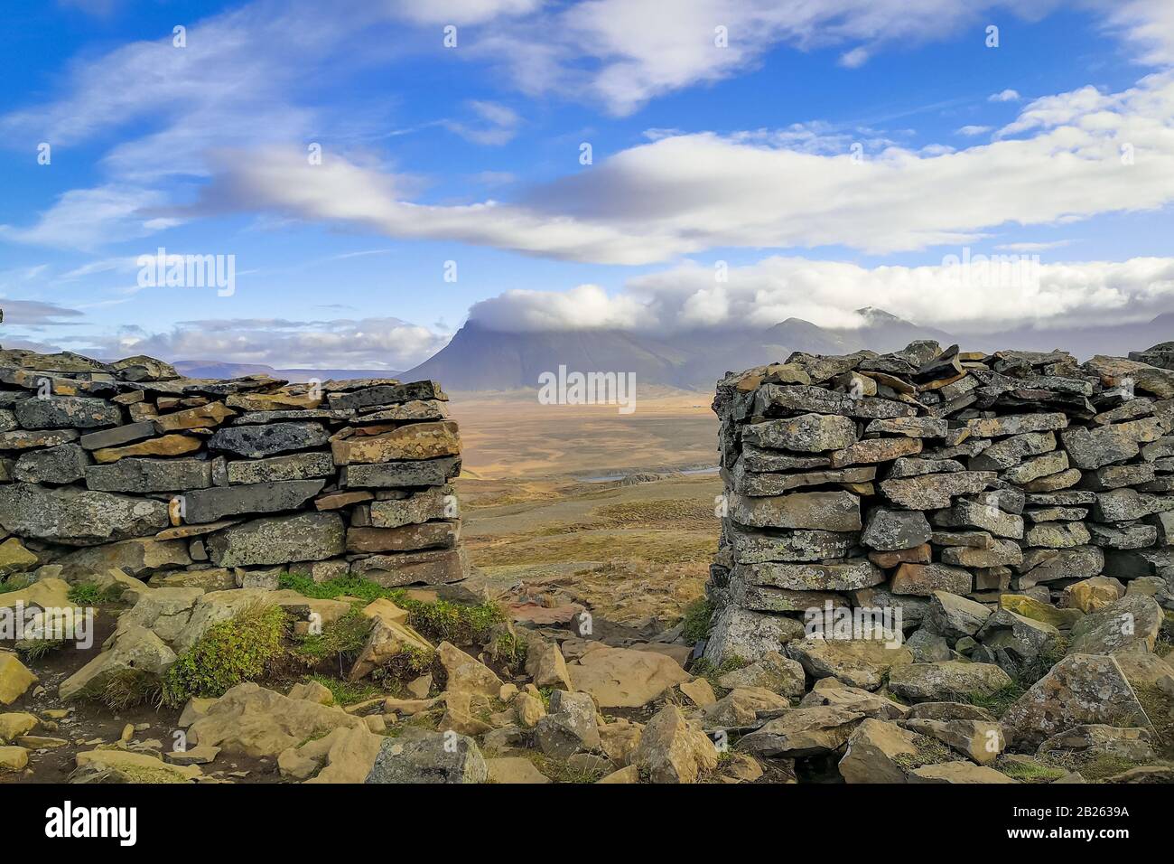 Borgarvirki mountain castle in Iceland view from top through stone wall ...