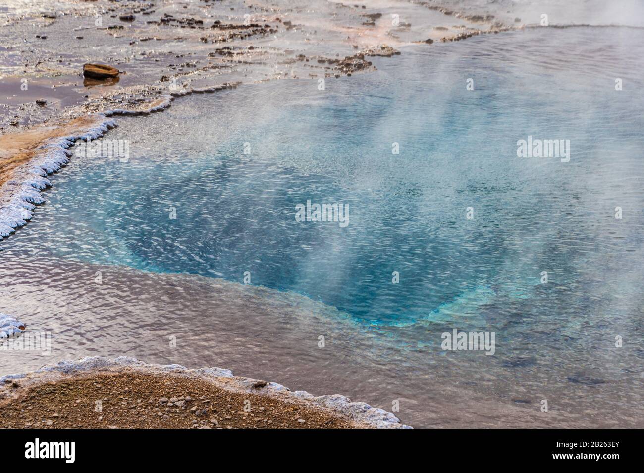 Geysir Golden Circle in Iceland deep blue water in geothermal pool ...