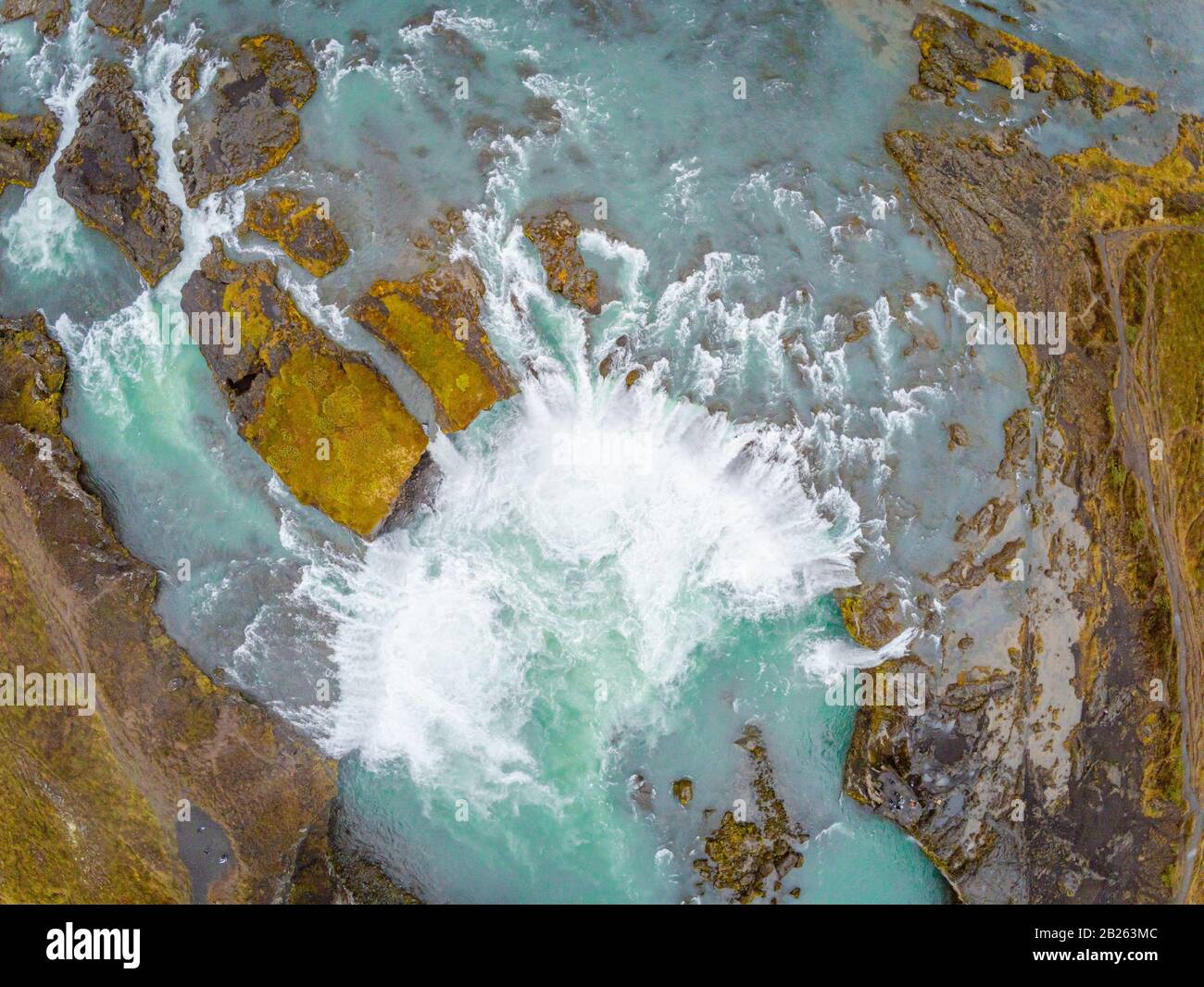 Godafoss waterfall in Iceland aerial photo of plunge pool with ...