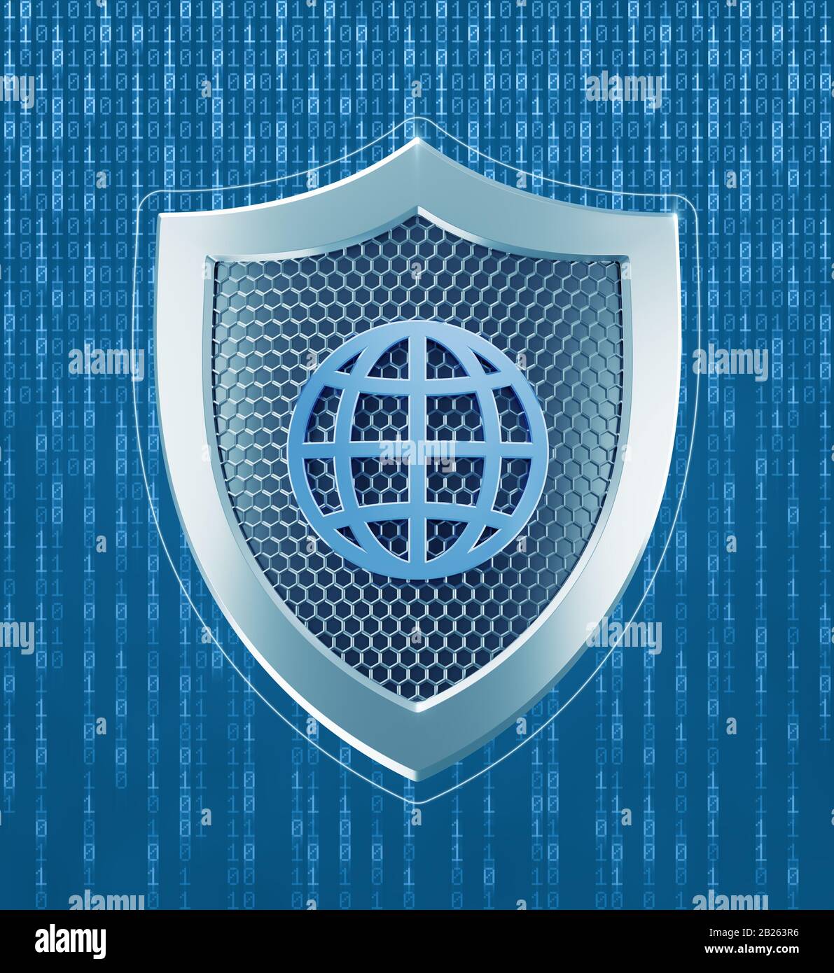 Global Security. Pictogram of a globe at metallic shield on background of binary code. 3D ...