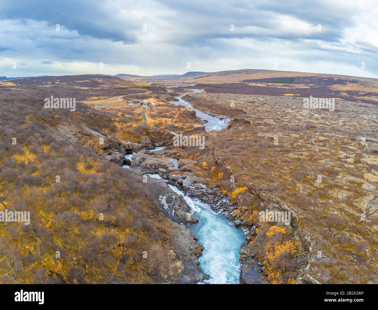 Hraunfossar series of waterfalls barnafoss aerial image of turquoise ...