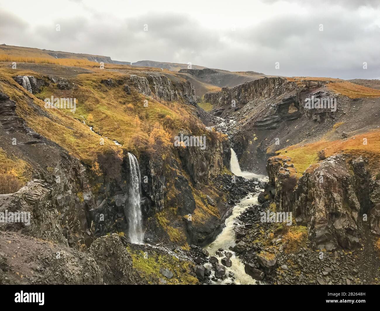 Litlanesfoss and Hengifoss waterfall in east Iceland during rain ...