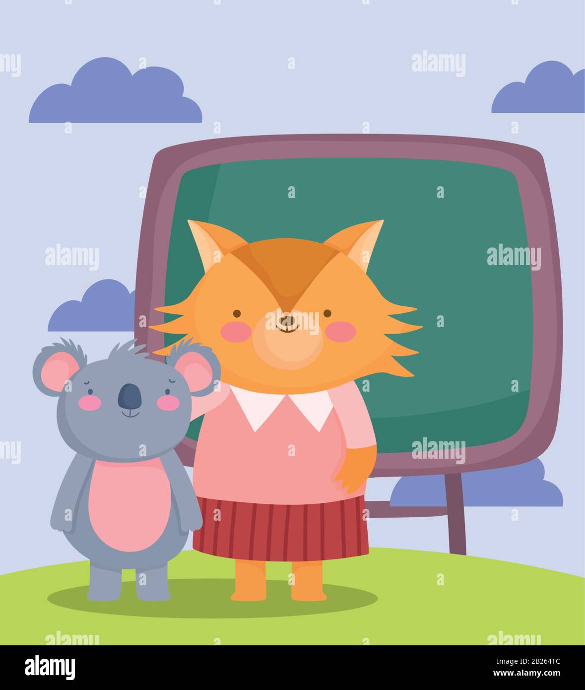 back to school, fox and koala chalkboard outdoor cartoon vector ...