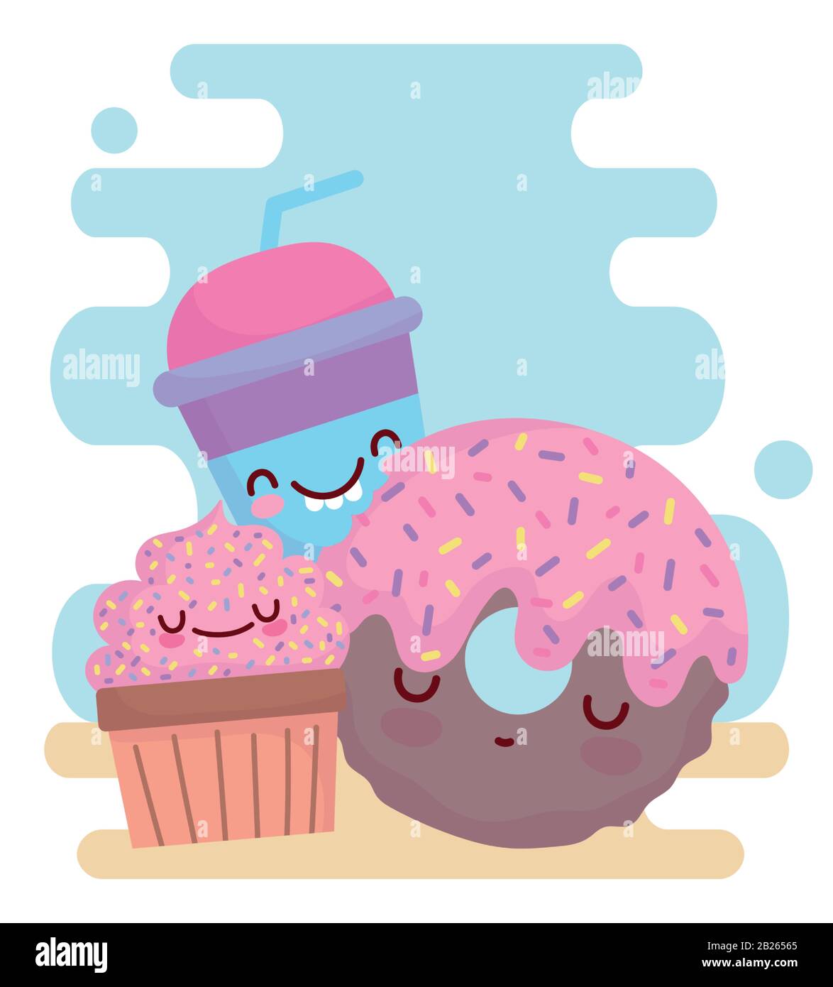 donut cupcake and smoothie cup menu character cartoon food cute vector ...