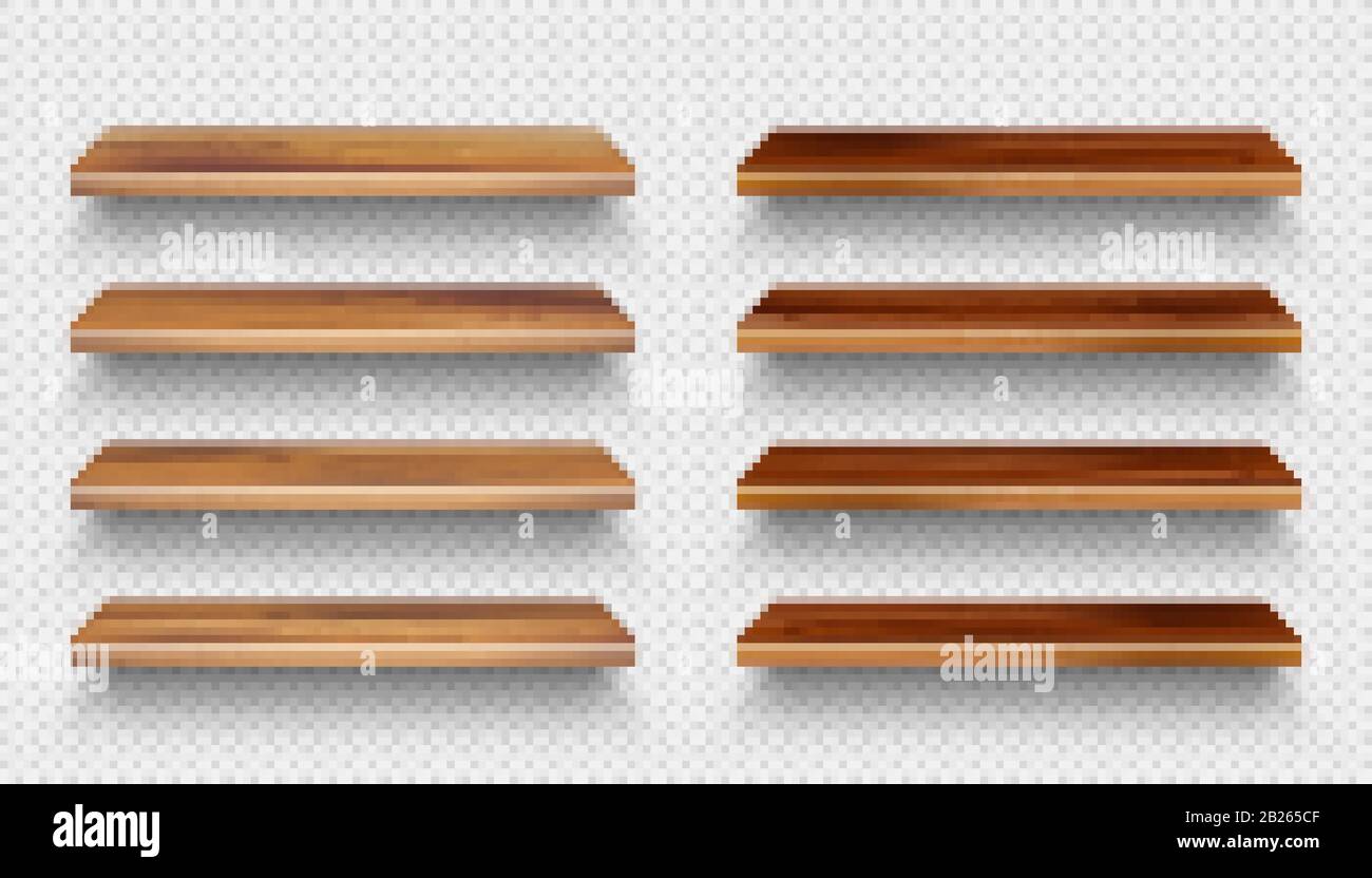 Realistic empty wooden store shelves set. Product shelf with wood ...