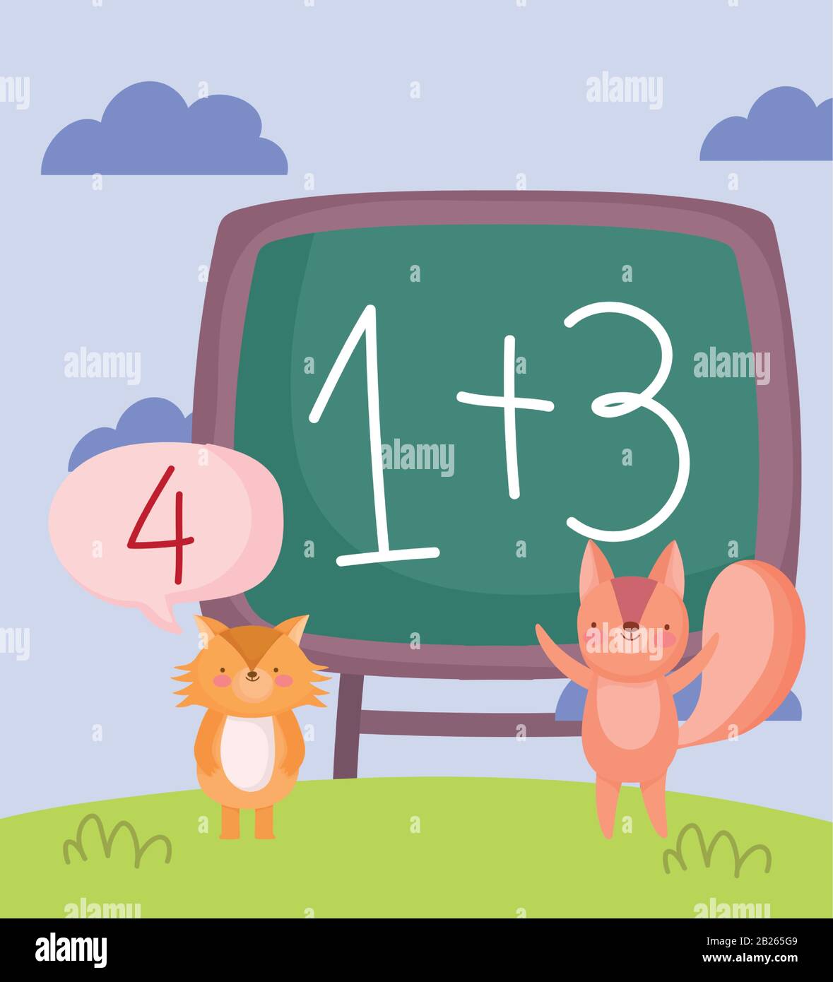 back to school, cute fox and squirrel maths example chalkboard vector ...
