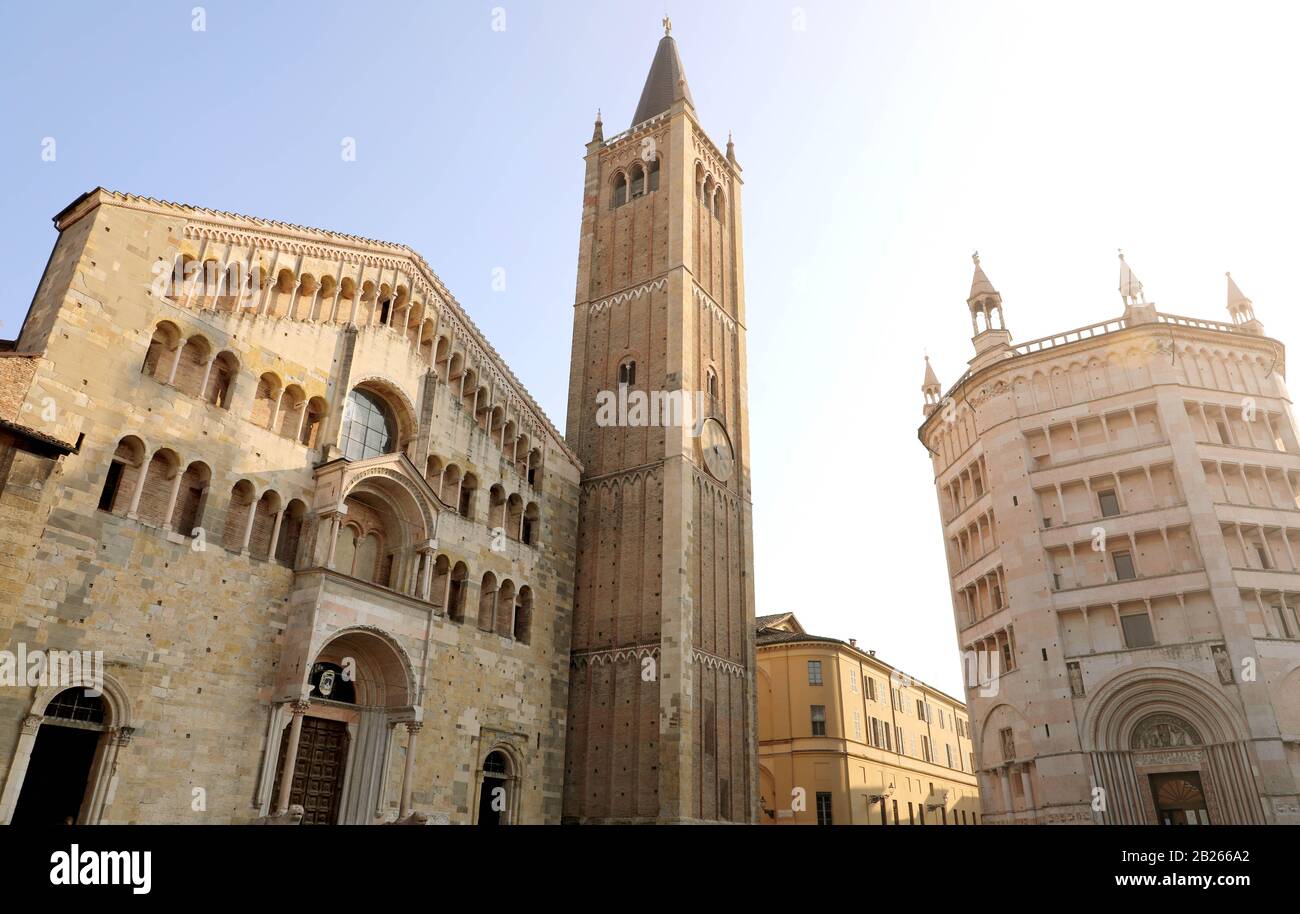Parma, Italy - Piazza Duomo square with the Cathedral with Bell Tower ...