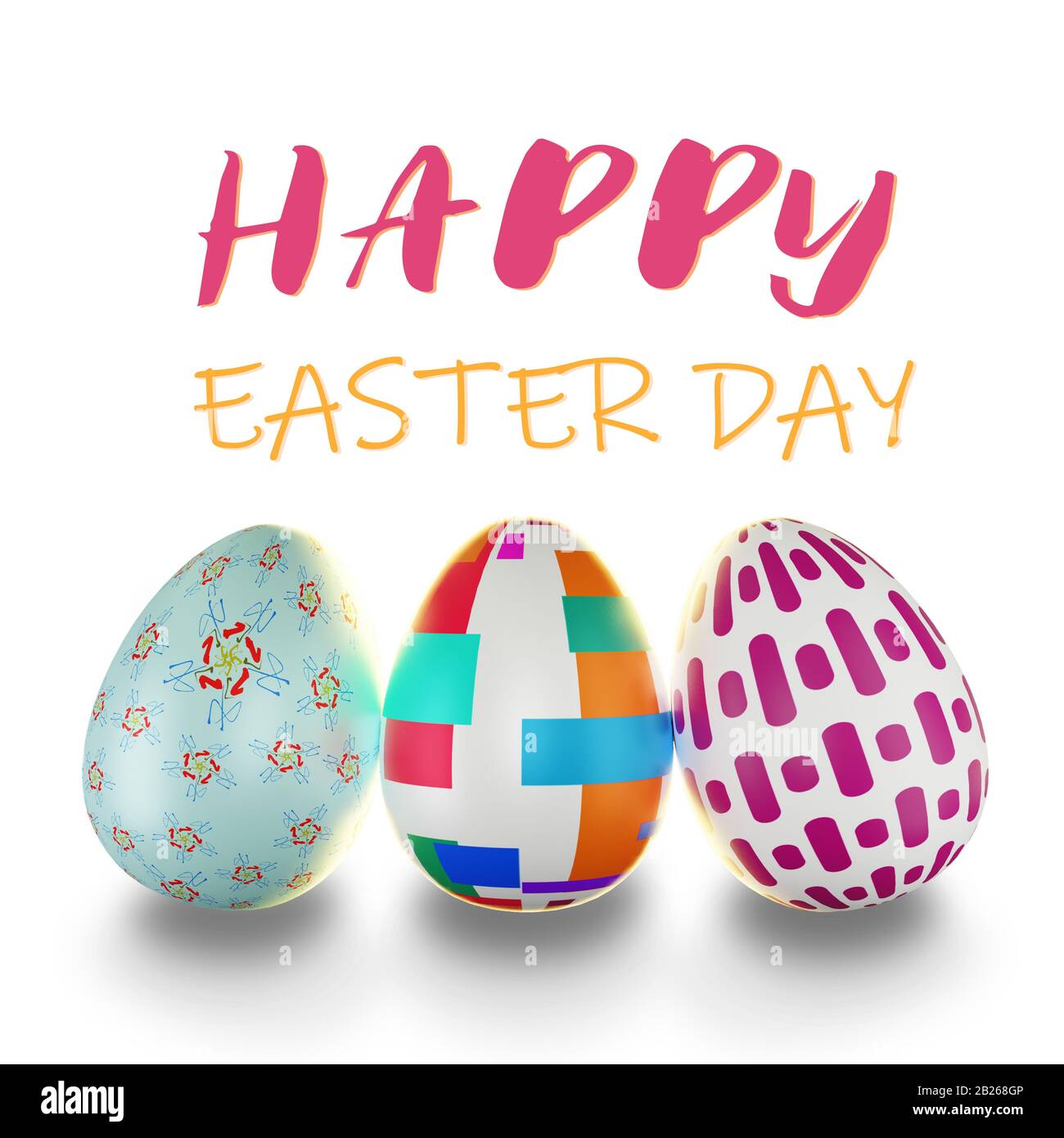 Group of colorful easter eggs with text on white background. 3D ...