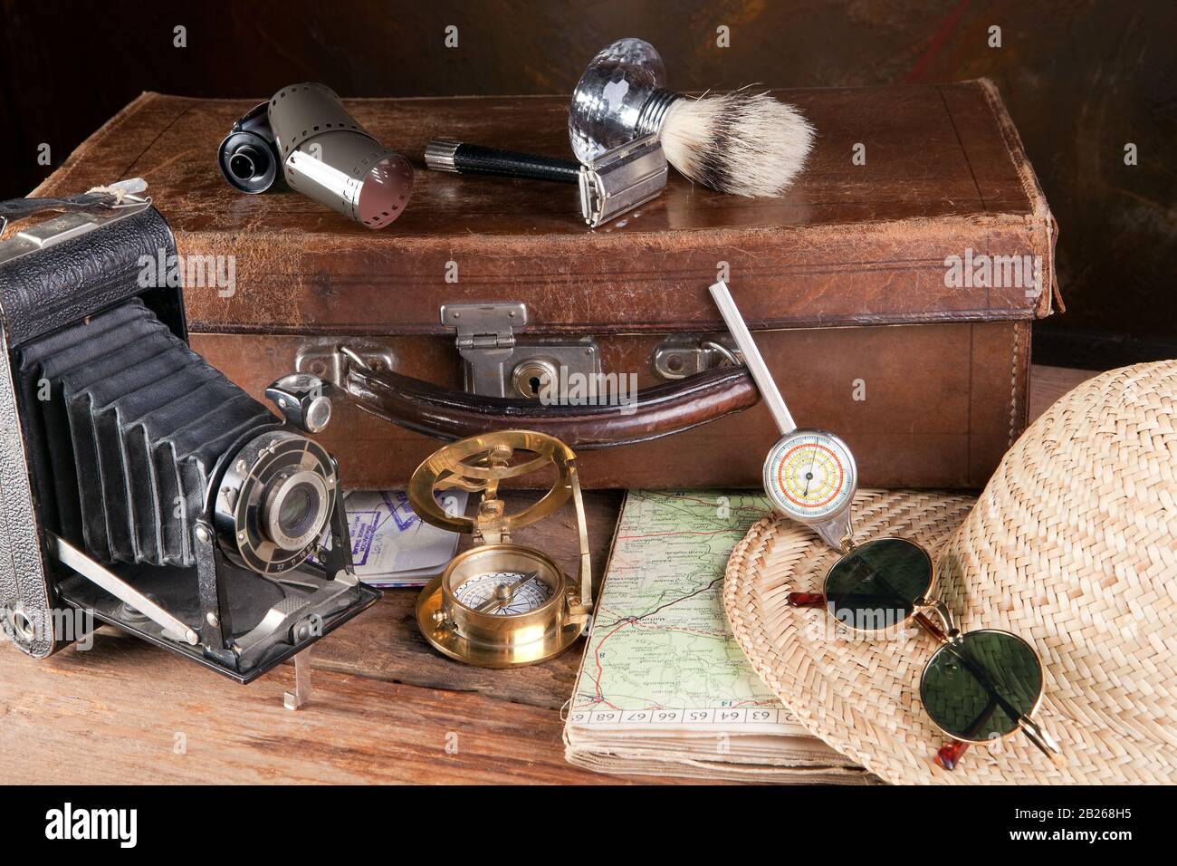 Vintage tools of a traveller, compass, distance meter, suitcase and ...