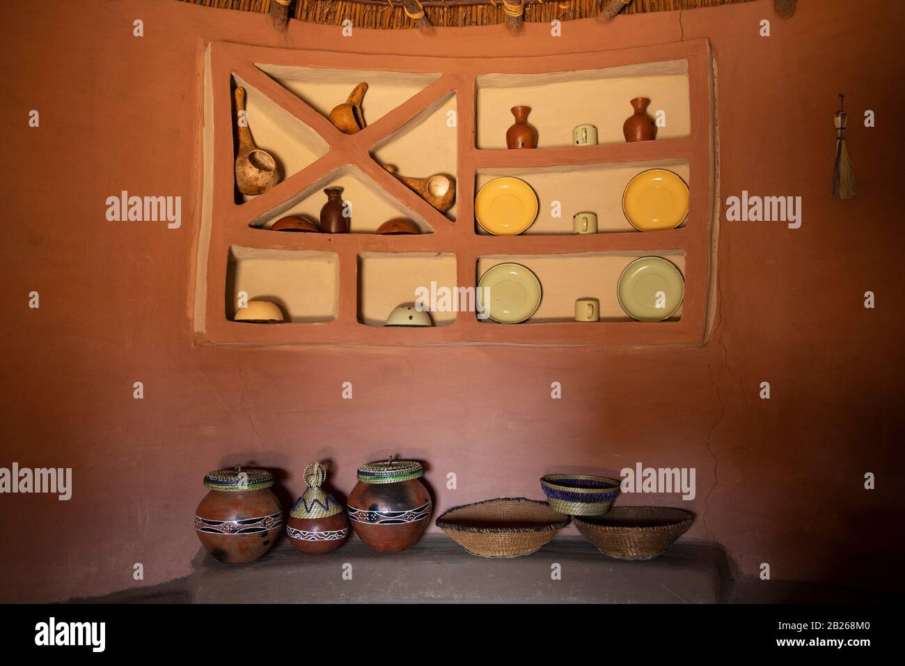 Traditional Basotho hut interior, Thaba Bosiu Cultural Village, Lesotho ...