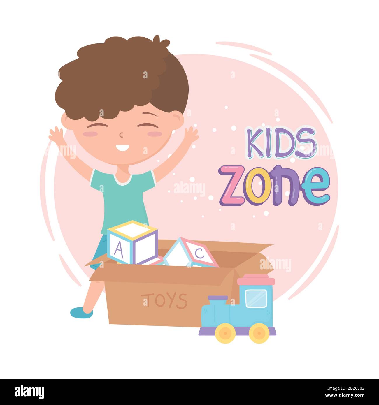 kids zone,cute little boy with filled box toys vector illustration ...