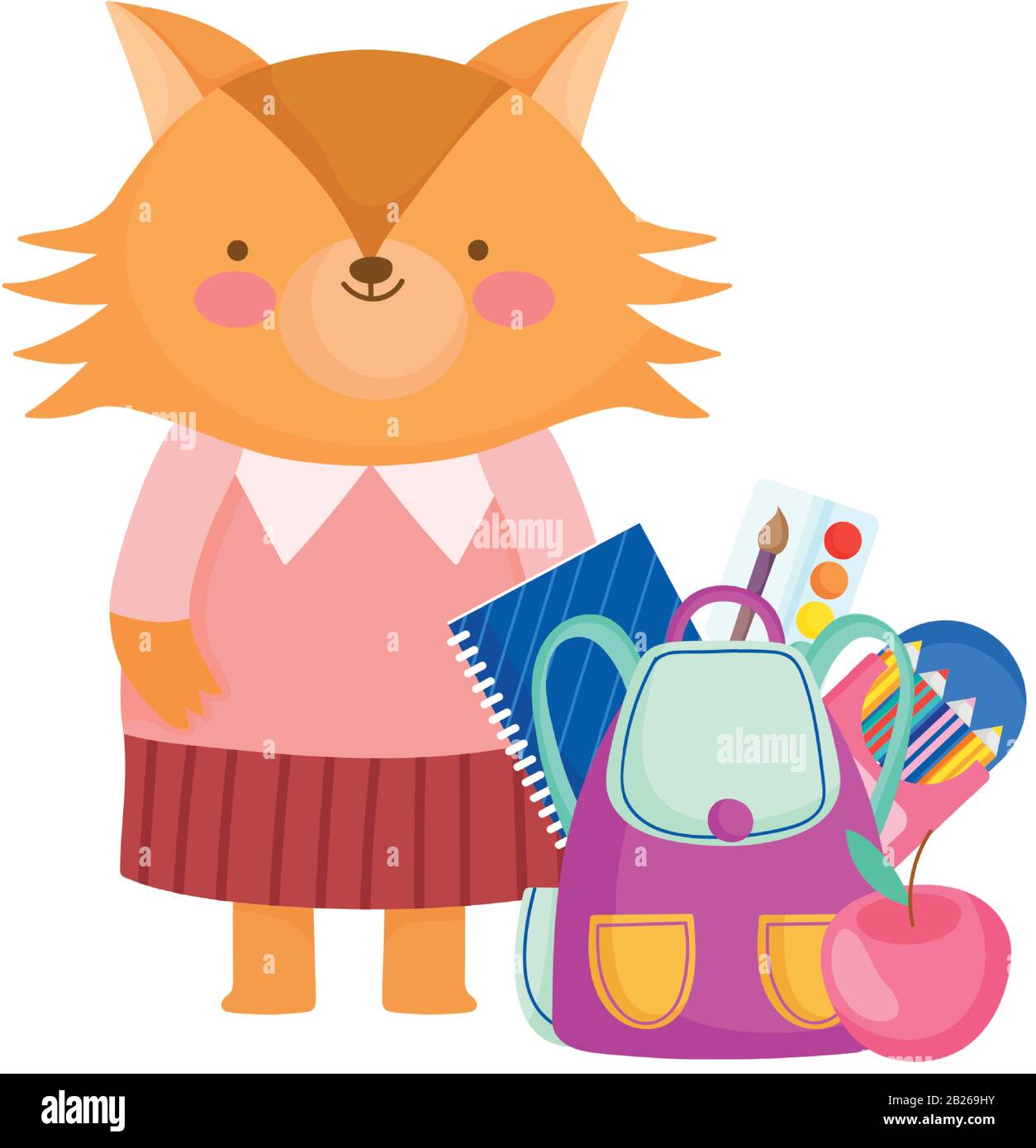 back to school, fox with backpack filled supplies cartoon vector ...