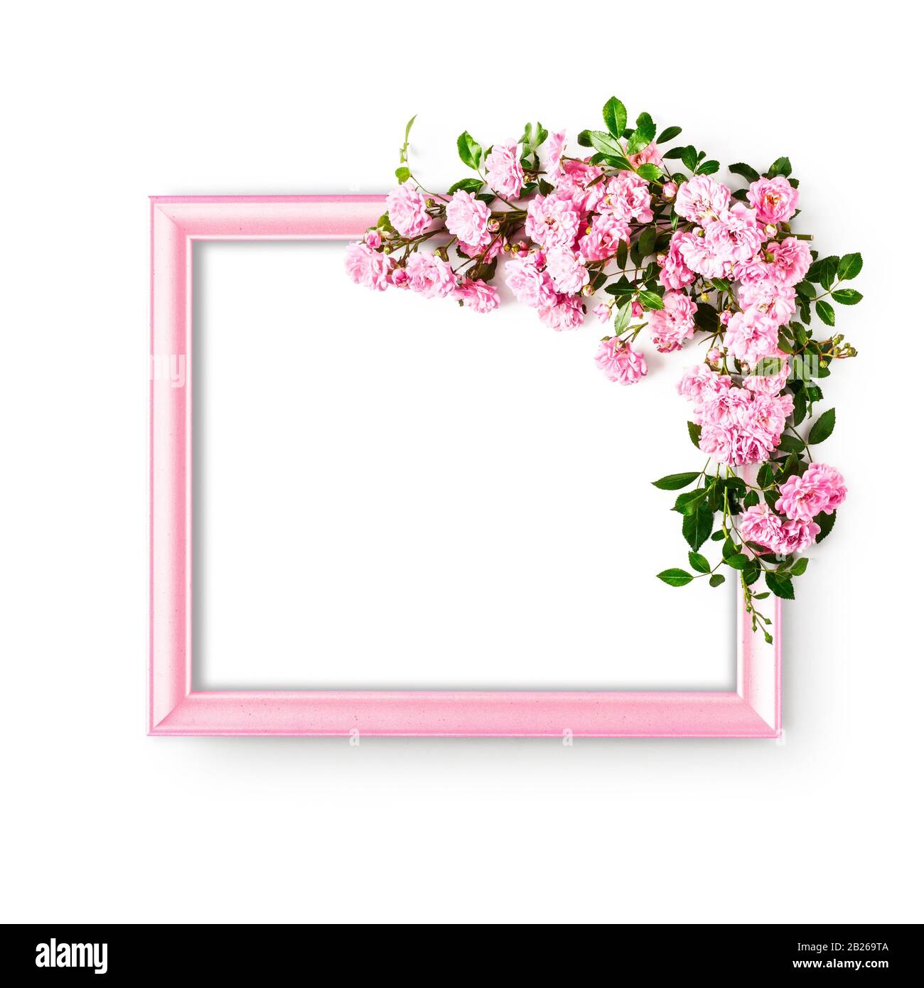 Flower composition. Creative layout made with wooden frame and pink ...