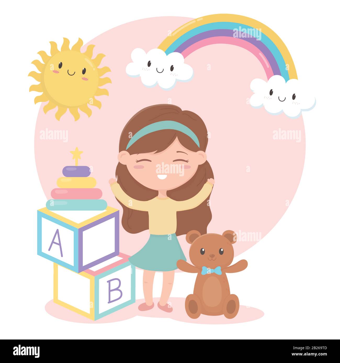 kids zone, little girl alphabet blocks teddy bear and stacking tower ...